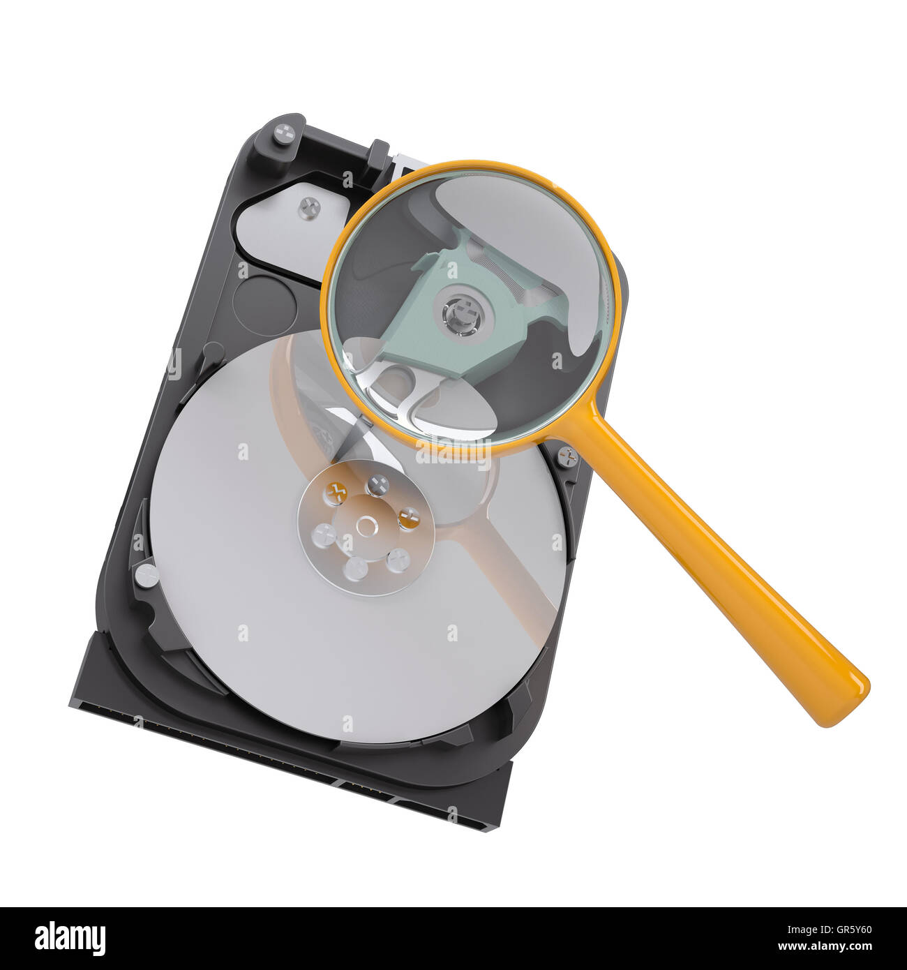 Hard disk under a magnifying glass Stock Photo - Alamy
