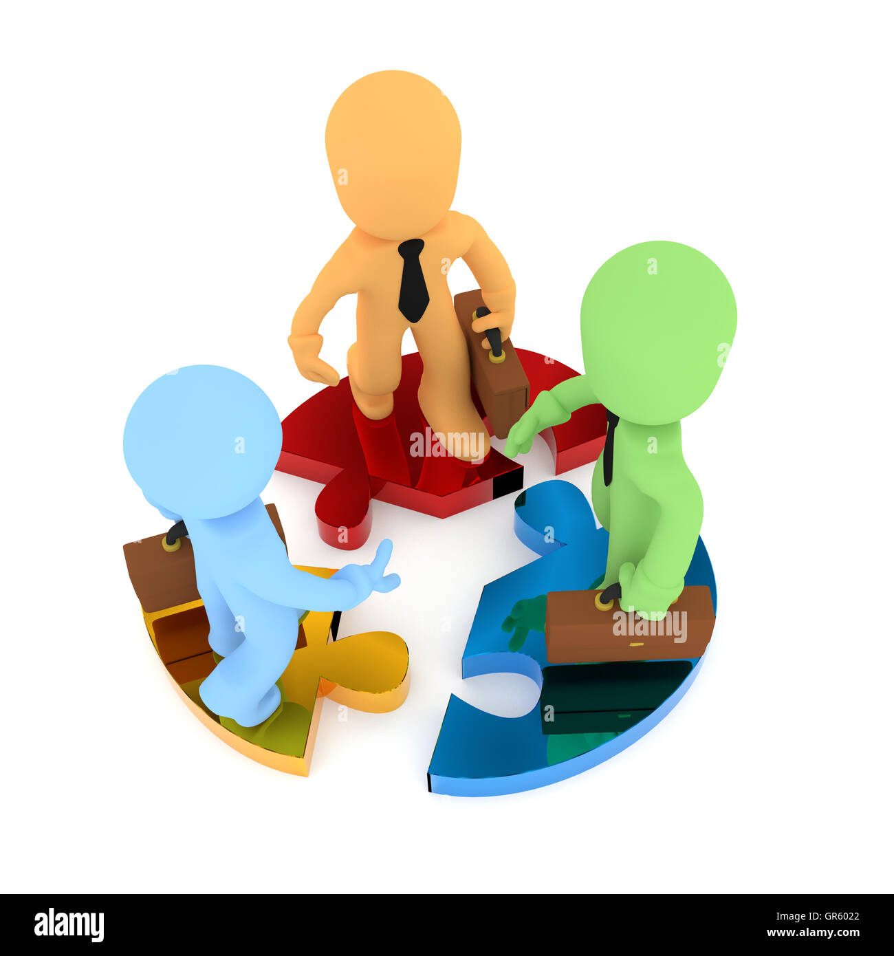Teamwork concept with three character on colorful puzzle, 3d rendering ...
