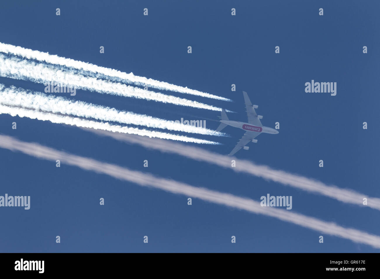 Emirates Airlines Airbus A380 super jumbo aircraft at high altitude ...