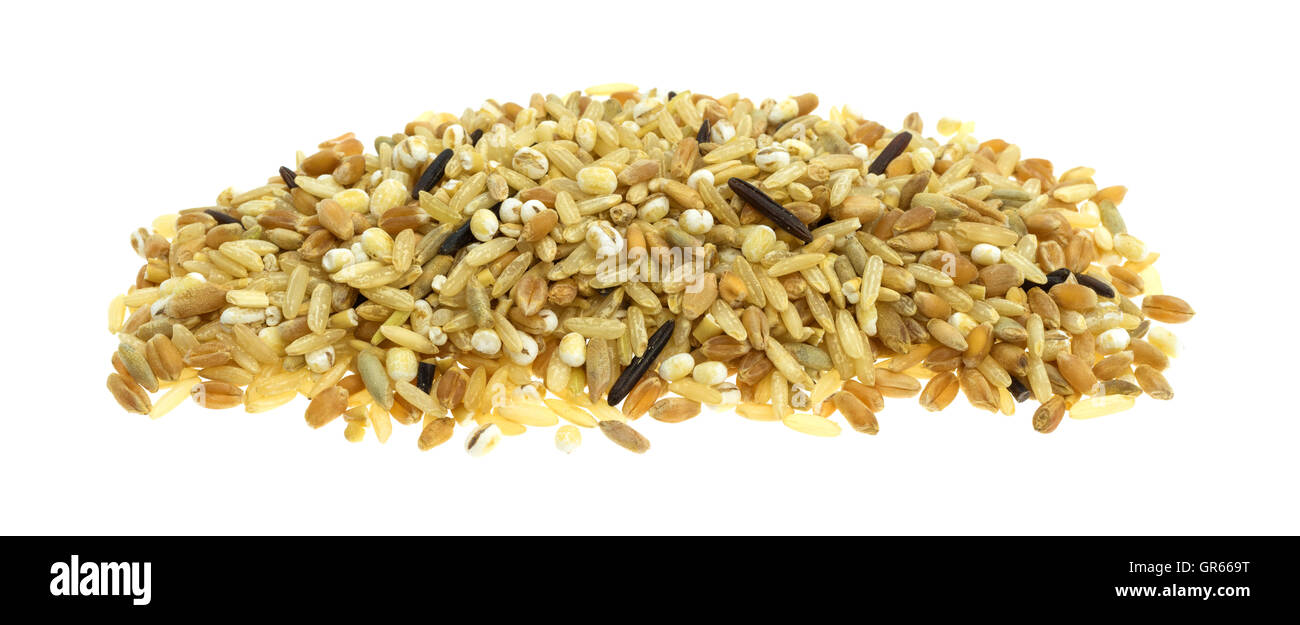 A portion of several varieties of rice and grains on a white background ...