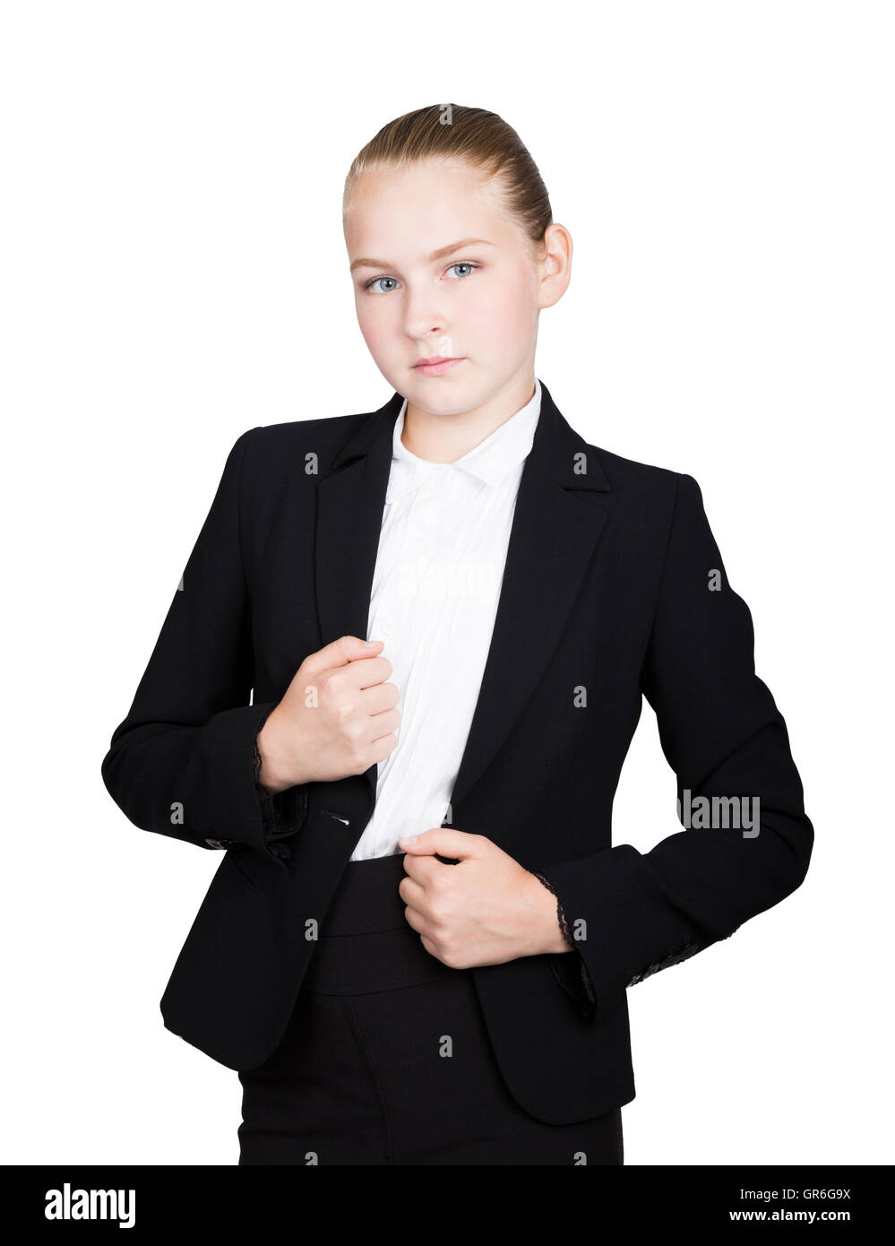 Little business woman. Studio portrait of child girl in business style ...