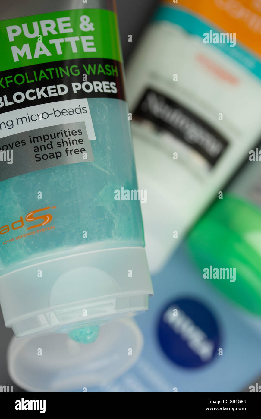 A variety of exfoliating body wash products containing plastic ...