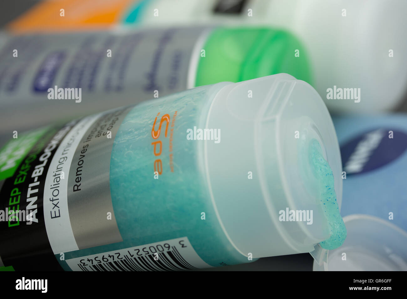 A variety of exfoliating body wash products containing plastic ...