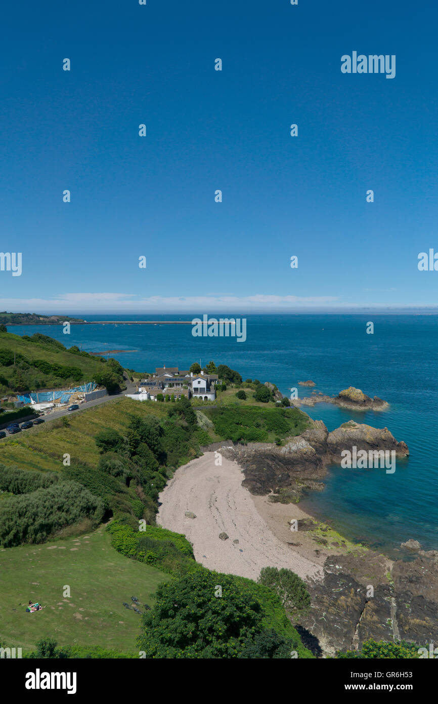 Elevated view from Mont Orguiel Castle overlooking the area of Gorey ...
