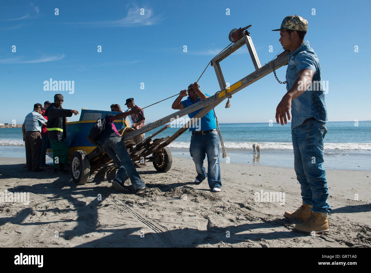 Crayfish catcher preparing their boat, Paternoster, Western Cape, South ...