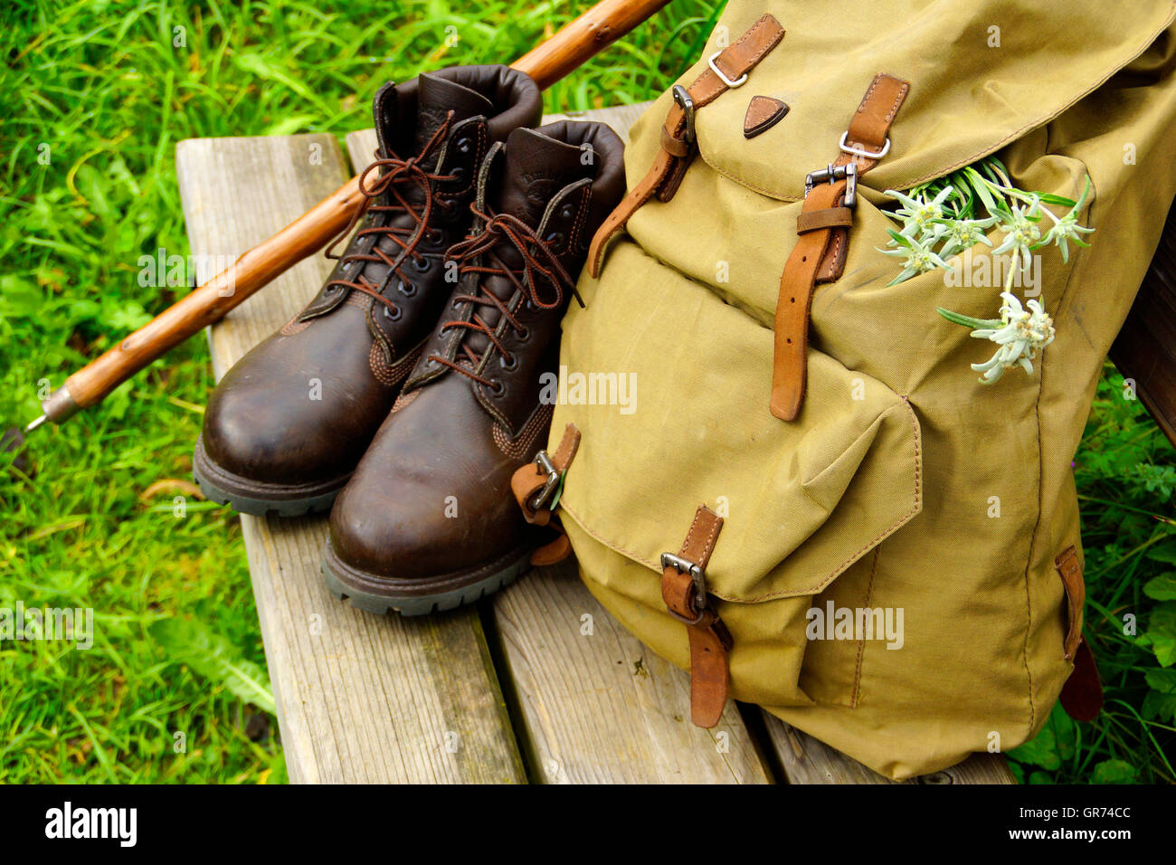Backpack And Hikingboots Stock Photo - Alamy