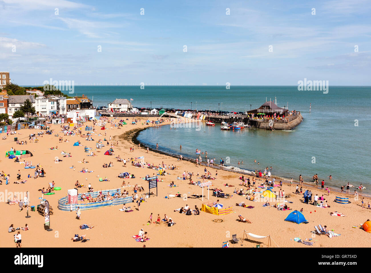 Broadstairs resort town in UK, the main beach with small harbour at ...