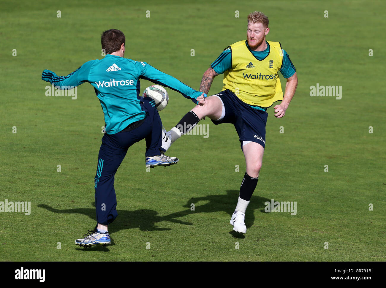 England's Ben Stokes and Eion Morgan playing football during the nets ...