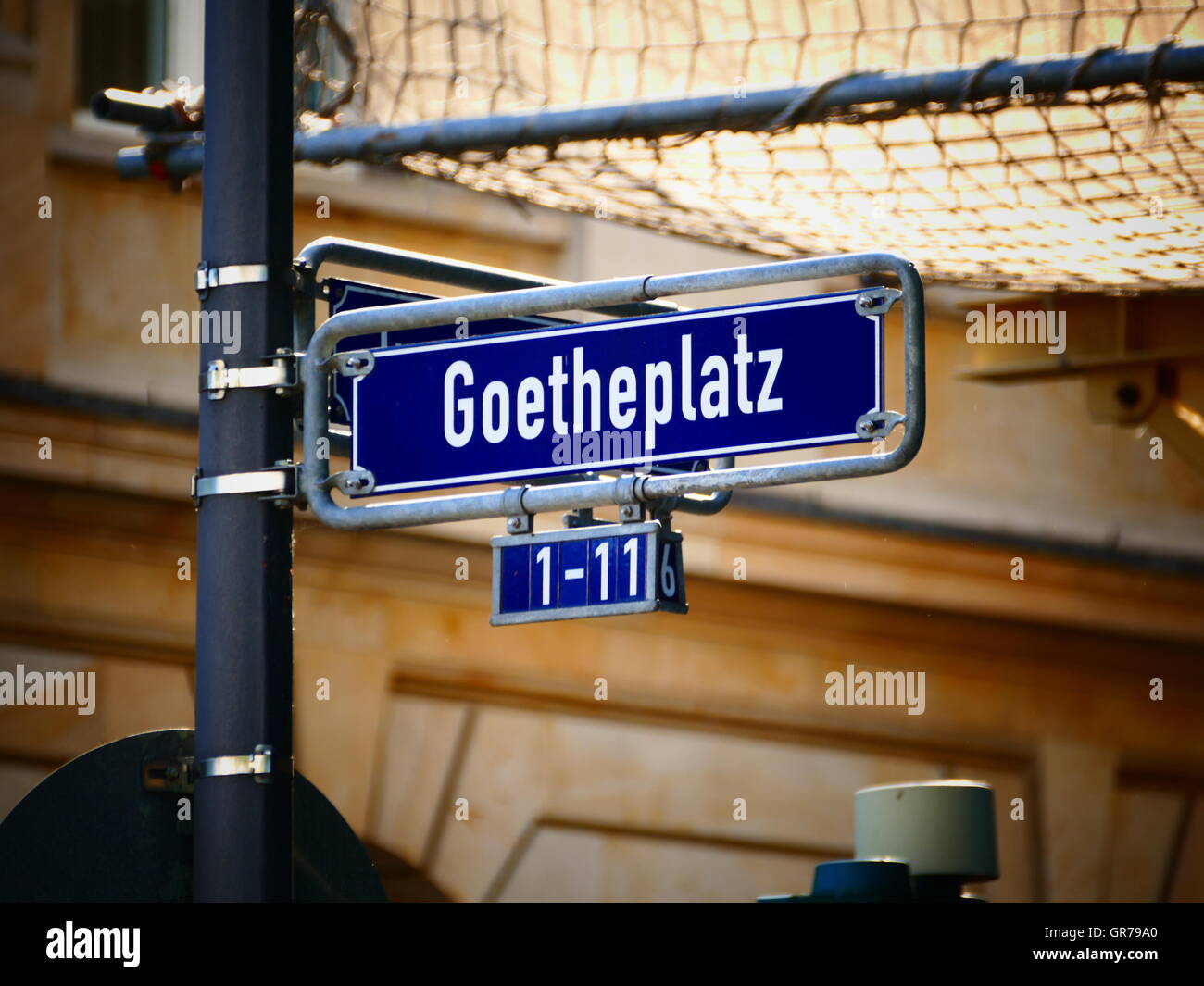 Goetheplatz Goethe square Street sign in financial city Frankfurt am ...