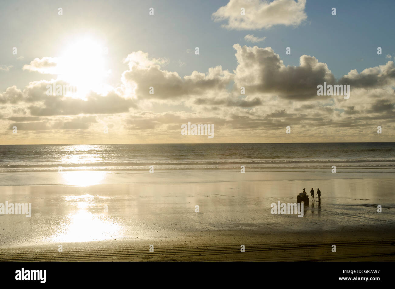 Clouds reflected in wet sand, Awakino Beach, Waikato, North Island, New ...