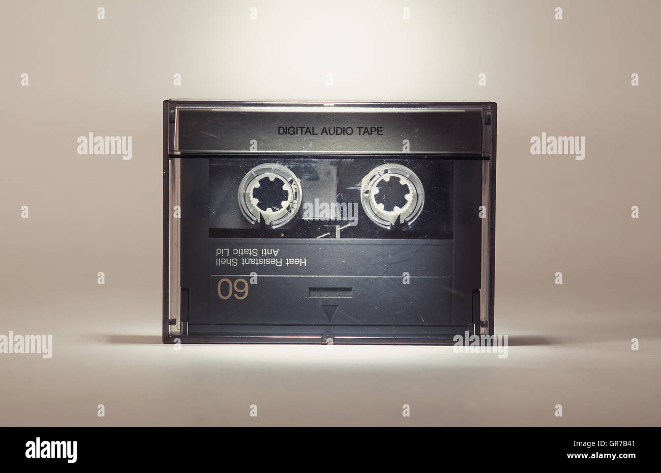 Details of an old dusty digital audio tape, retro technology from the ...