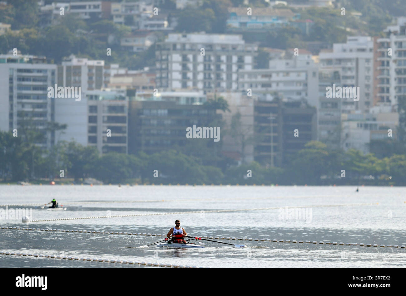 ParalympicsGB's Tom Aggar during a training session at Lagoa Rowing ...