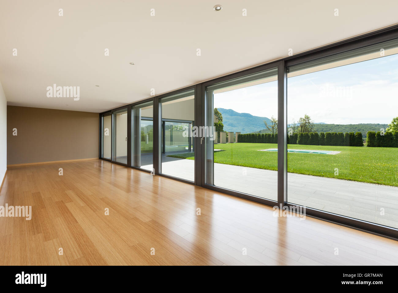 Interior modern villa, wide living room with large windows Stock Photo ...