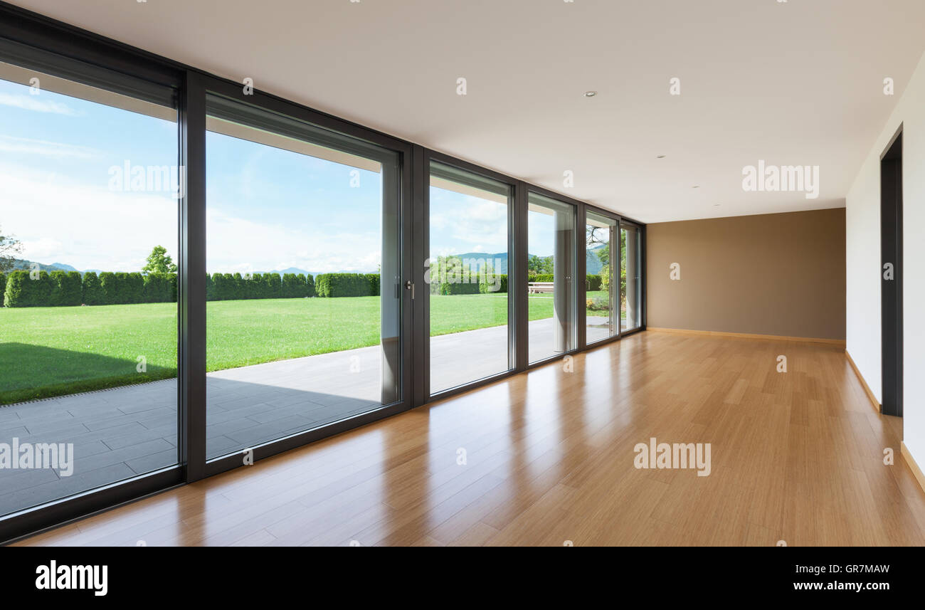 Interior modern villa, wide living room with large windows Stock Photo ...