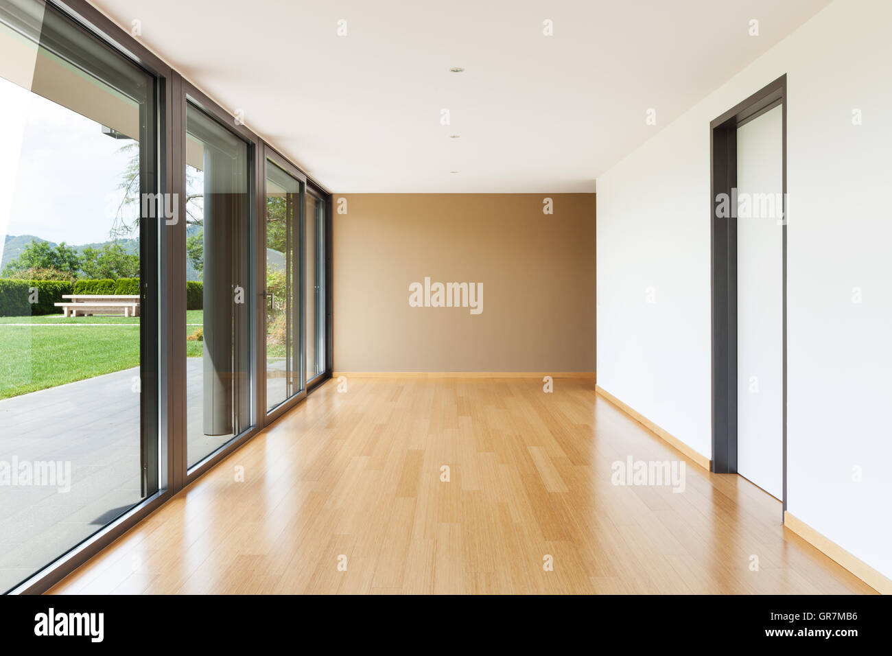 Interior modern villa, wide living room with large windows Stock Photo ...