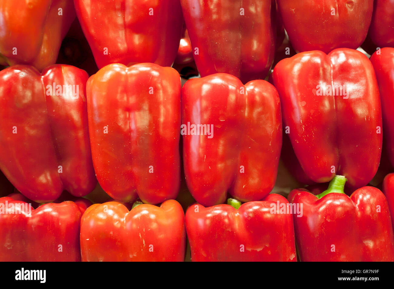 Red peppers displayed on market stall, Barcelona, Spain Stock Photo - Alamy
