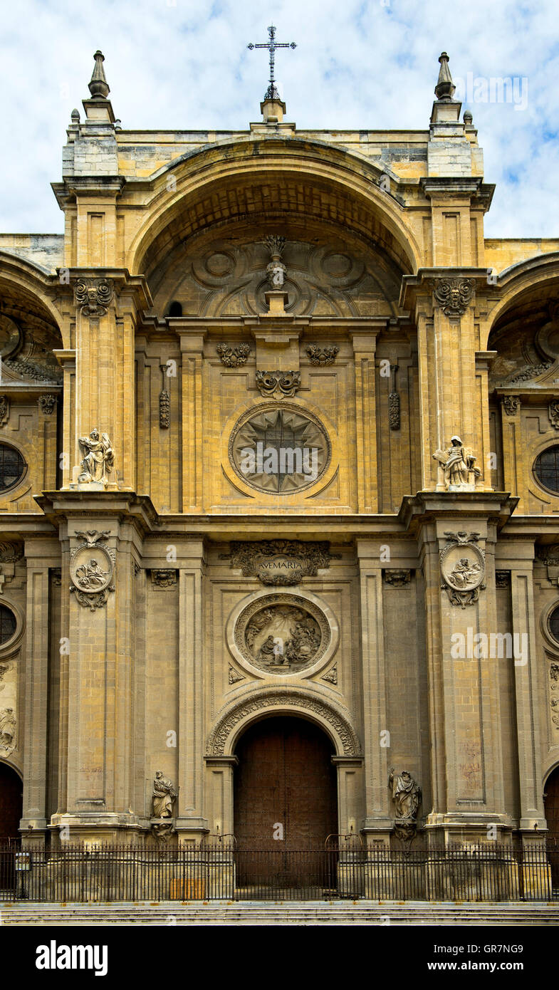 Baroquial Main Facade Of The Granada Cathedral, Granada, Spain Stock ...