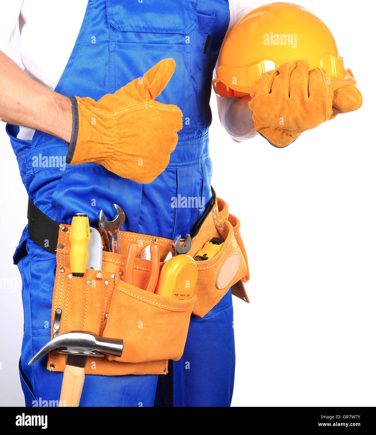 Handyman with helmet and workers belt full of tools isolated on white ...