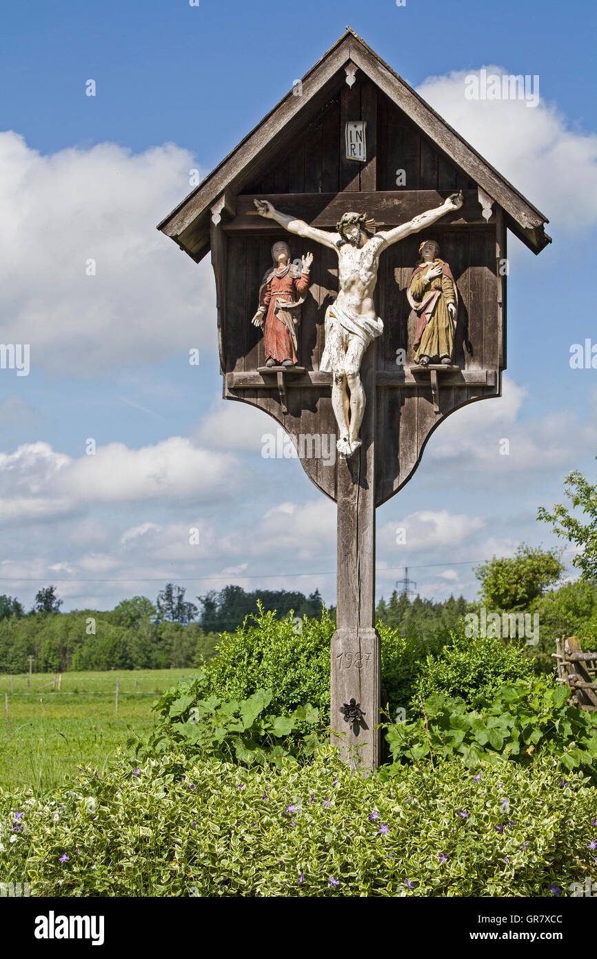Idyllic Wayside Cross On A Flowery Meadow Stock Photo - Alamy