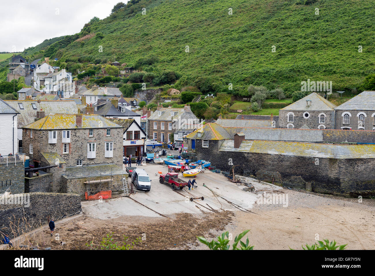The Harbor Of The Fishing Village Of Port Isaac At Low Tide Stock Photo ...