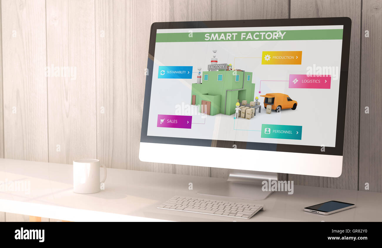 digital render generated workspace with smart factory on the screen of computer and smartphone ...