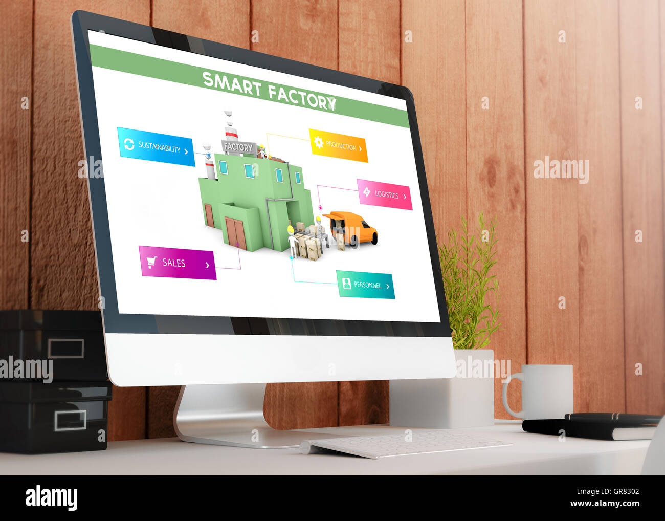 modern wooden workspace with computer smart factory. All screen ...