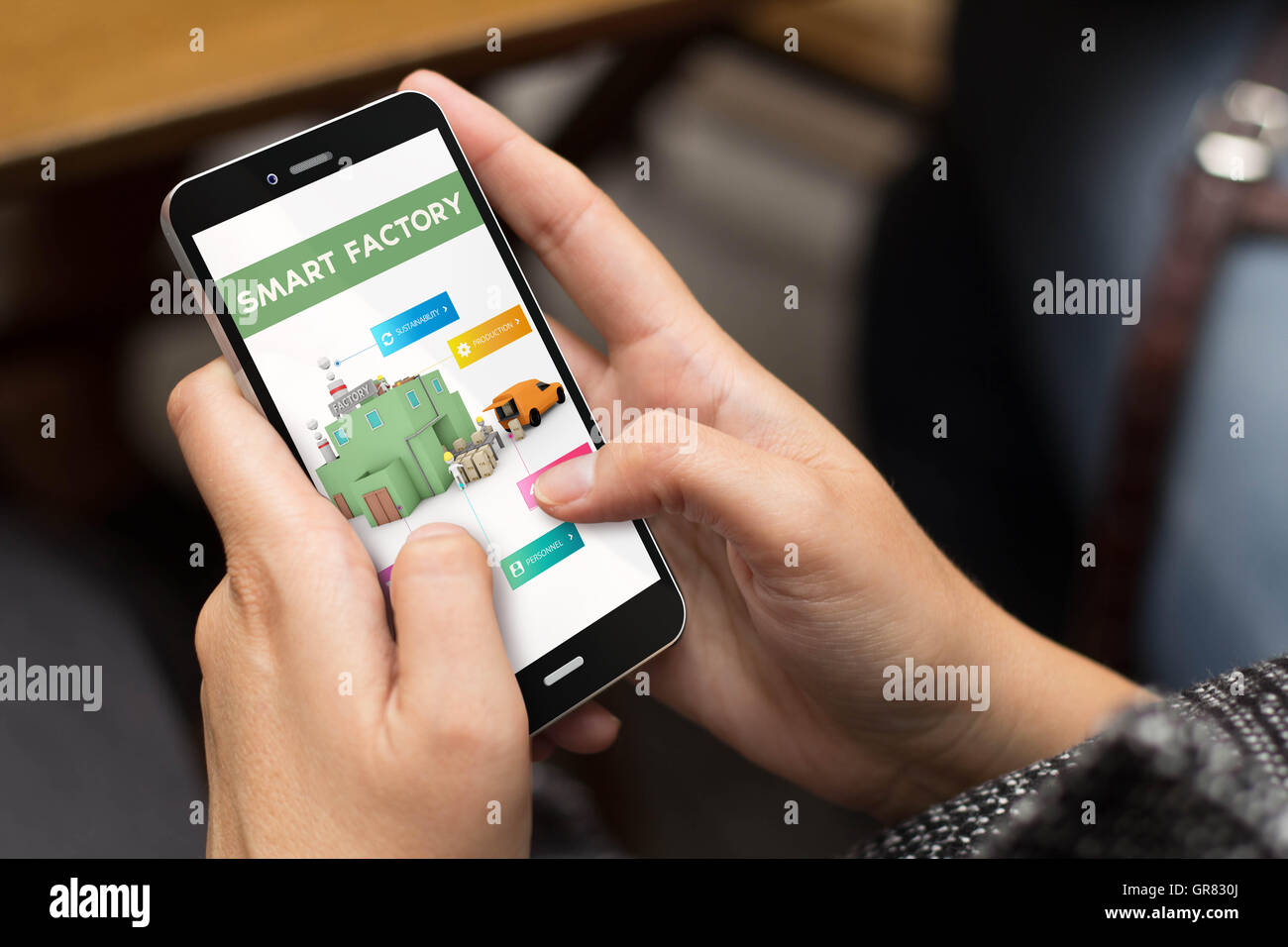 industrial concept: girl using a digital generated phone with smart ...