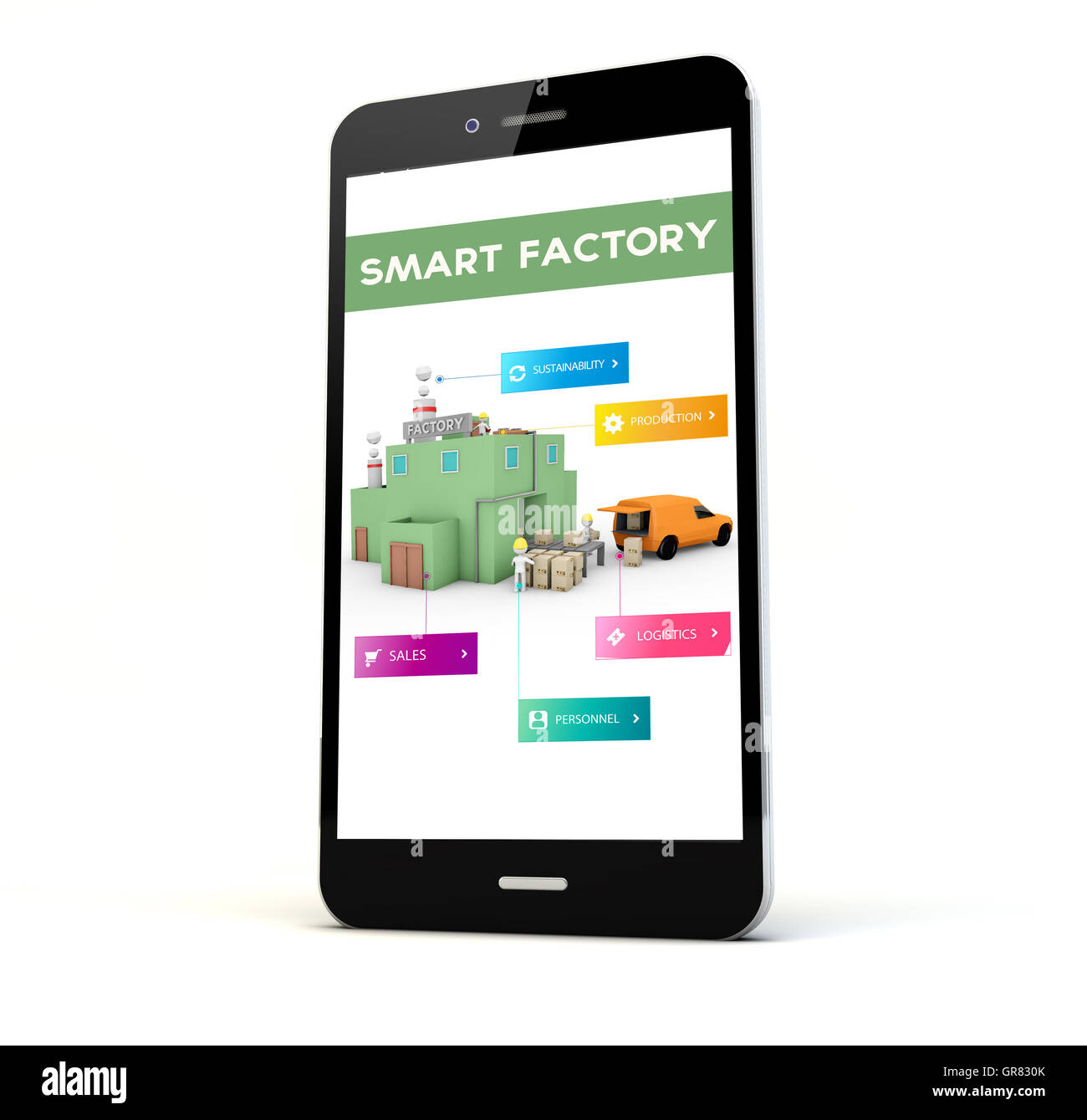 render of a phone with smart factory on the screen isolated. Screen ...