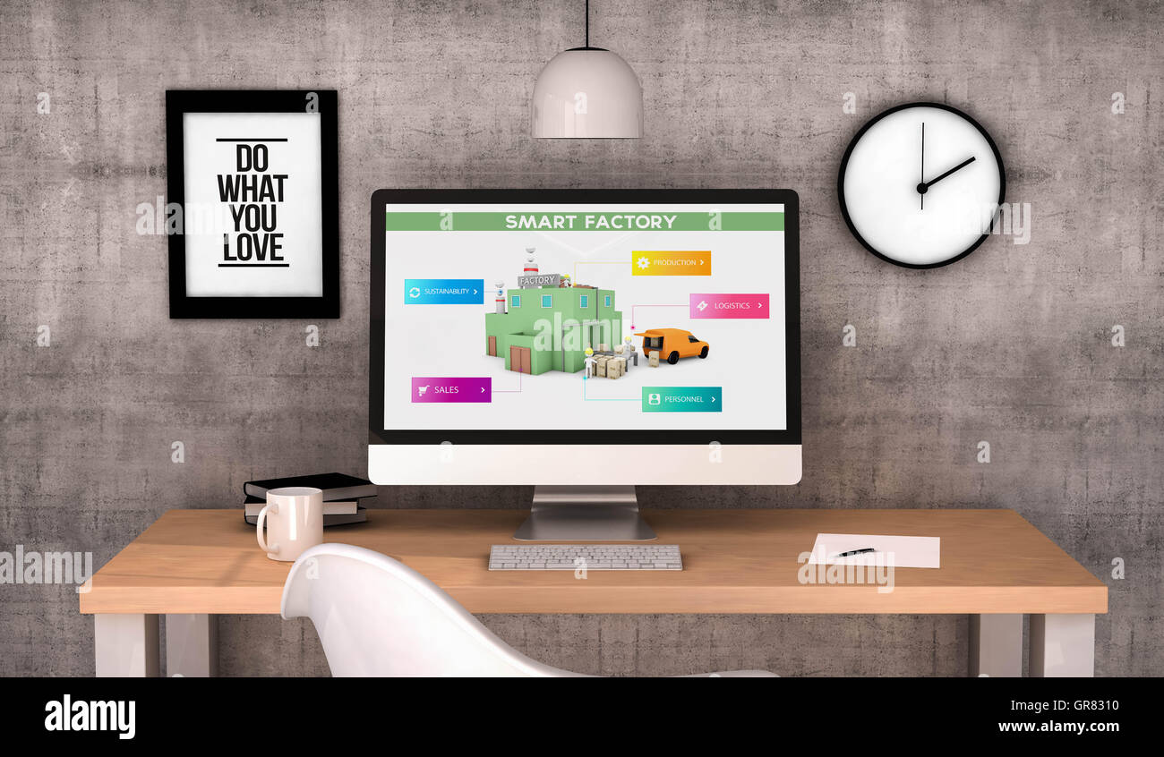 digital generated workspace desktop with smart factory on screen ...