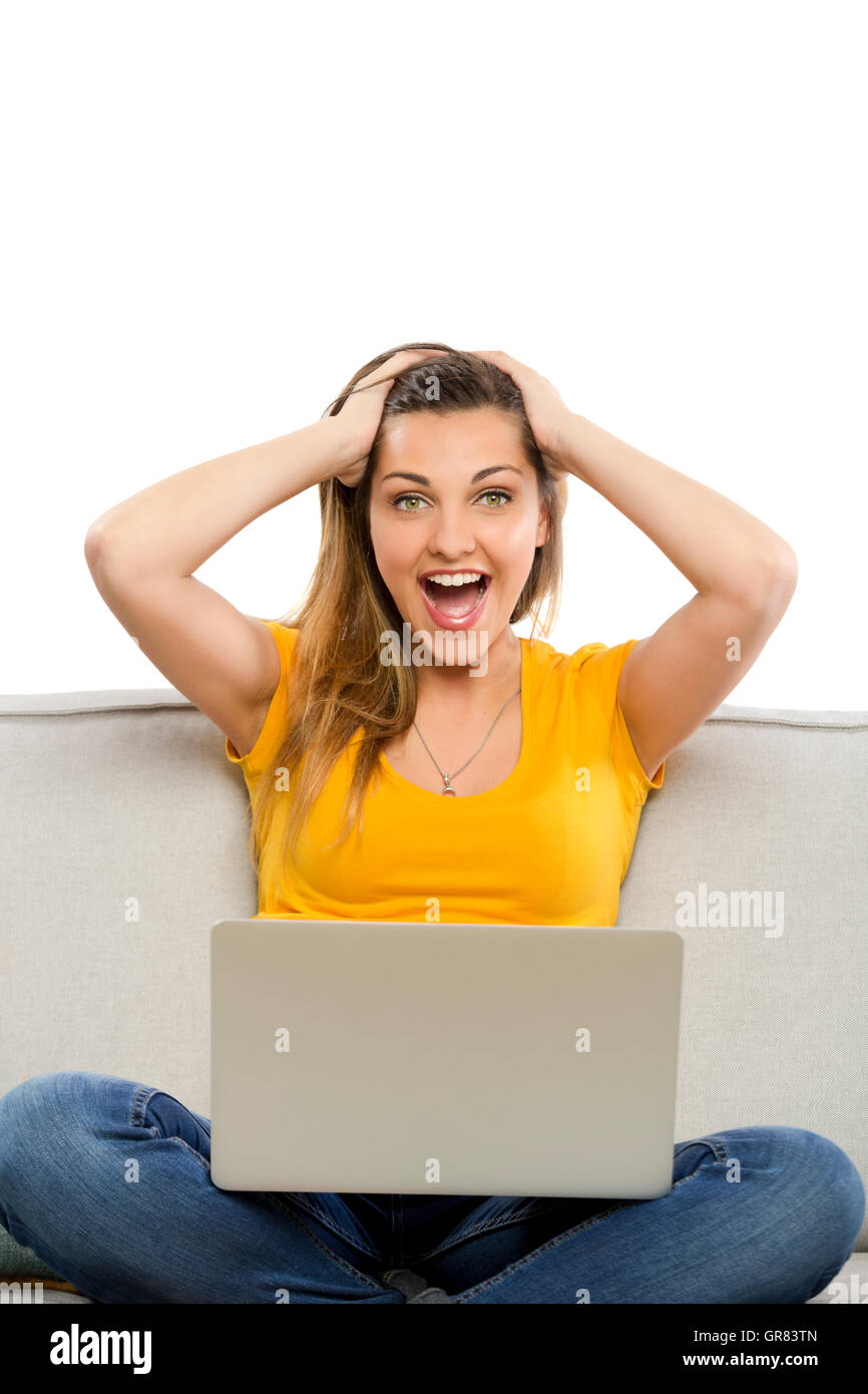 Excited woman computer home hi-res stock photography and images - Alamy