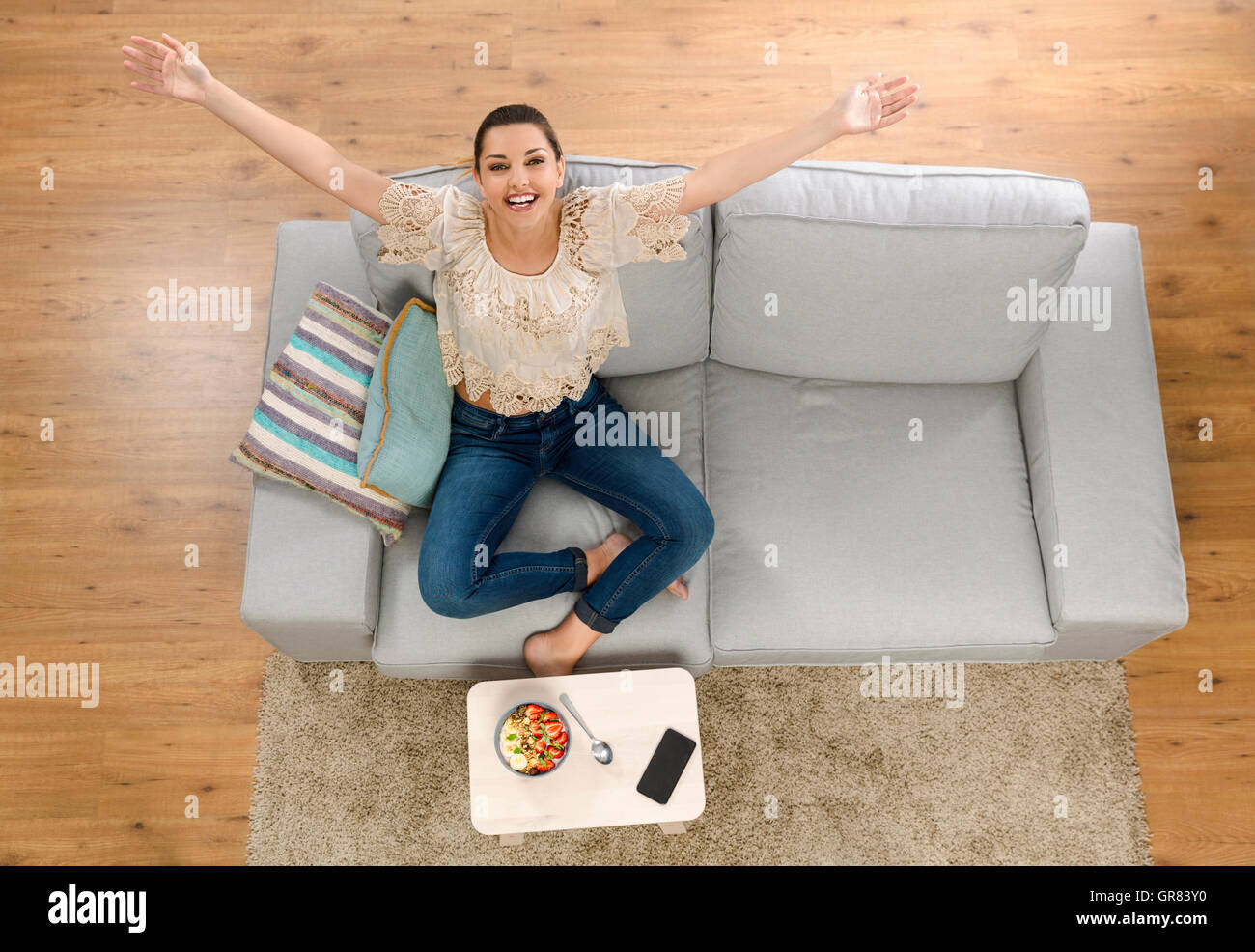 Top view of a beautiful woman at home Stock Photo - Alamy