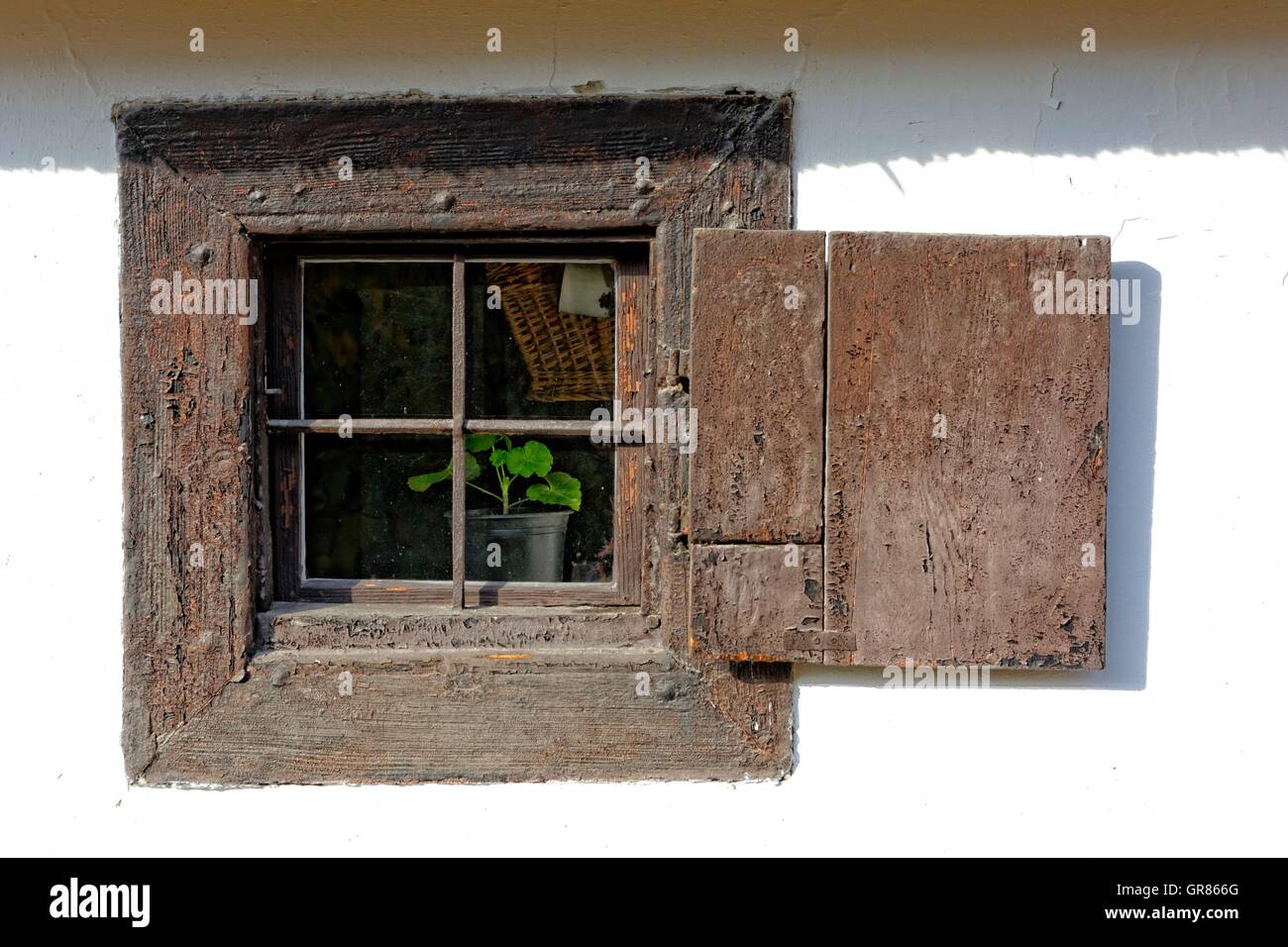 Old Farmhouse Window With Wooden Shutters Stock Photo - Alamy