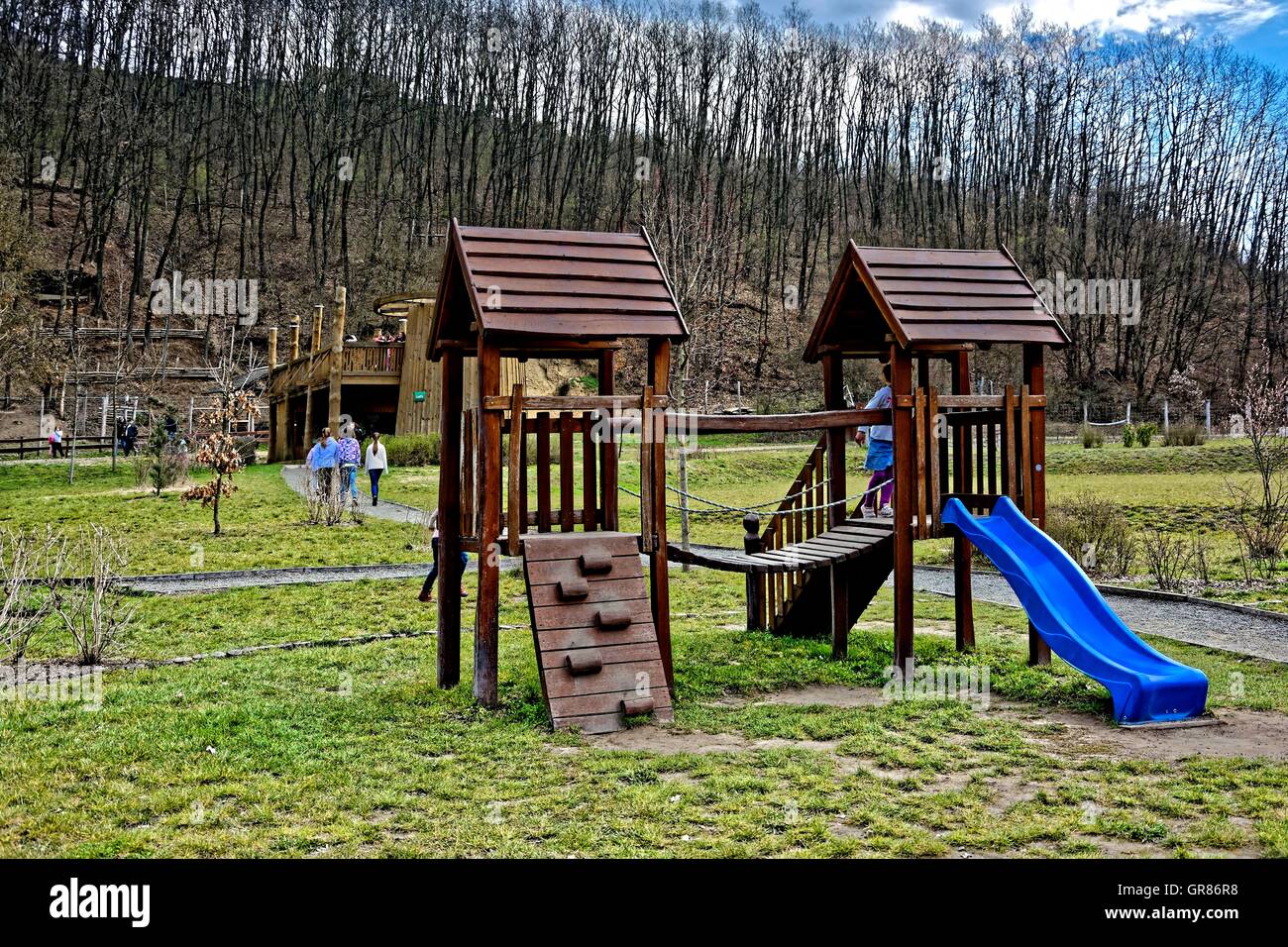 Wooden Towers On Playground Stock Photo - Alamy