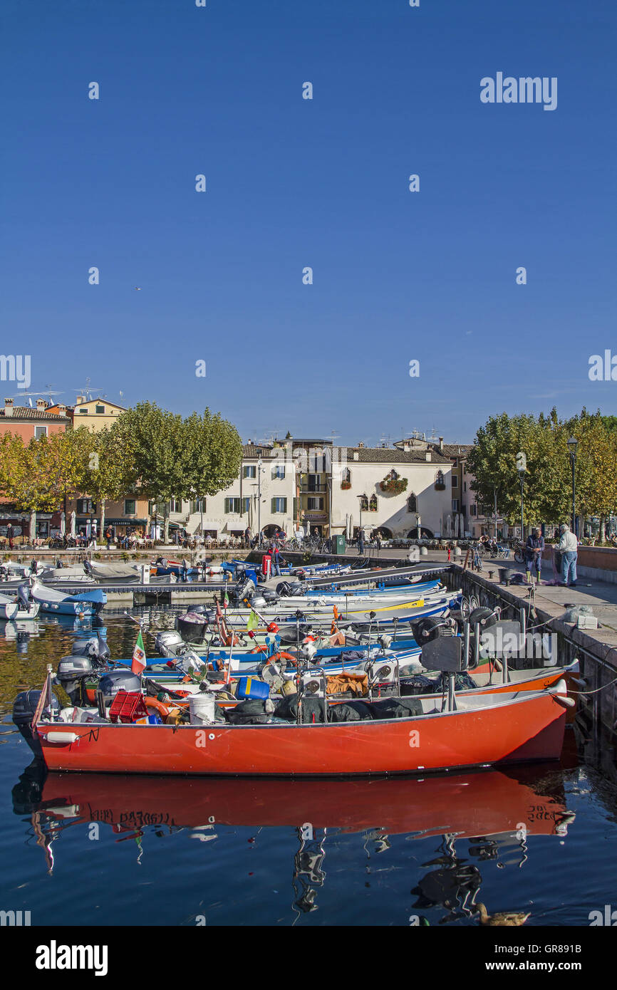 Fishing Harbor With Beach Promenade In Garda On Lake Garda Stock Photo ...