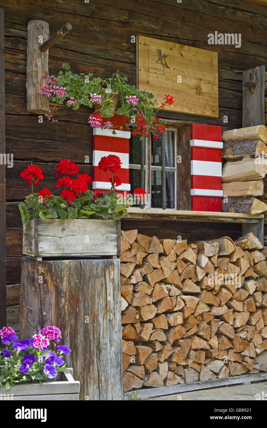 Window With Shutters And Flower Decorations On Old Hut In The Karwendel ...