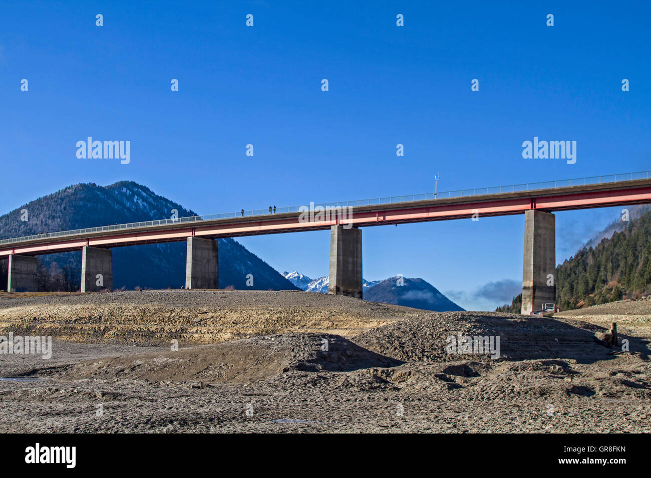Bridge Over The Empty Reservoir Sylvenstein In Upper Bavaria Stock ...