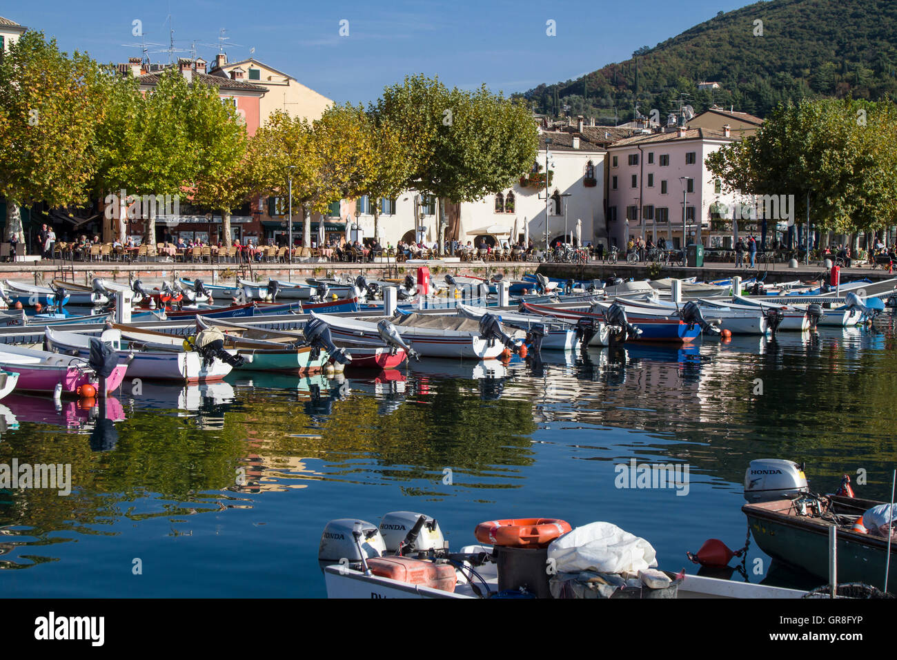 Fishing Harbor With Beach Promenade In Garda On Lake Garda Stock Photo ...