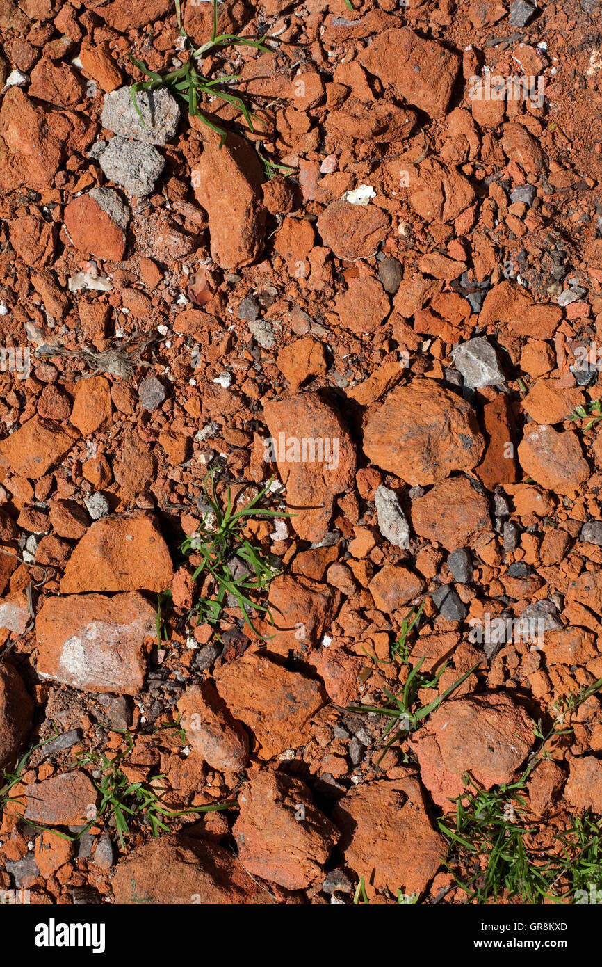 Crushed red brick making a surface with little tufts of grass growing ...