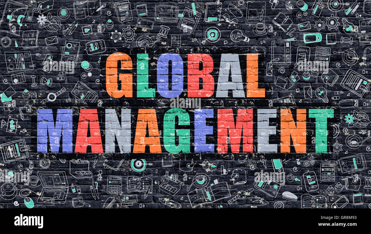 Multicolor Global Management on Dark Brickwall. Doodle Style Stock ...