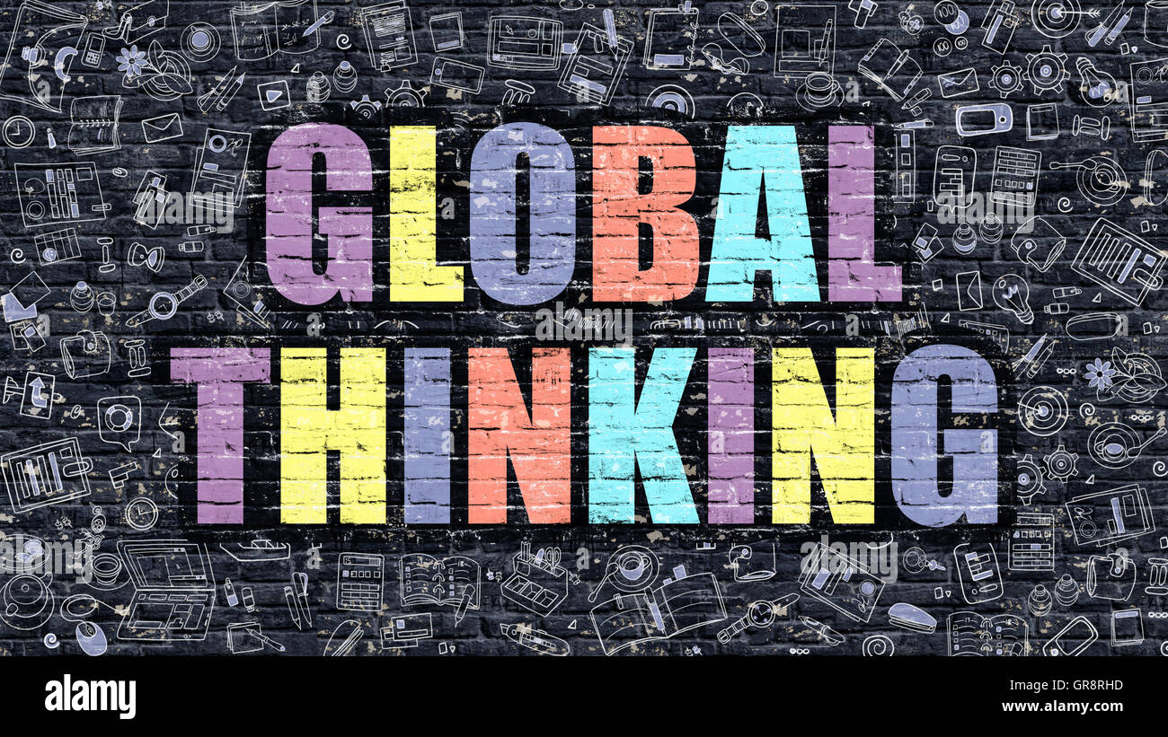 Global Thinking on Dark Brick Wall Stock Photo - Alamy