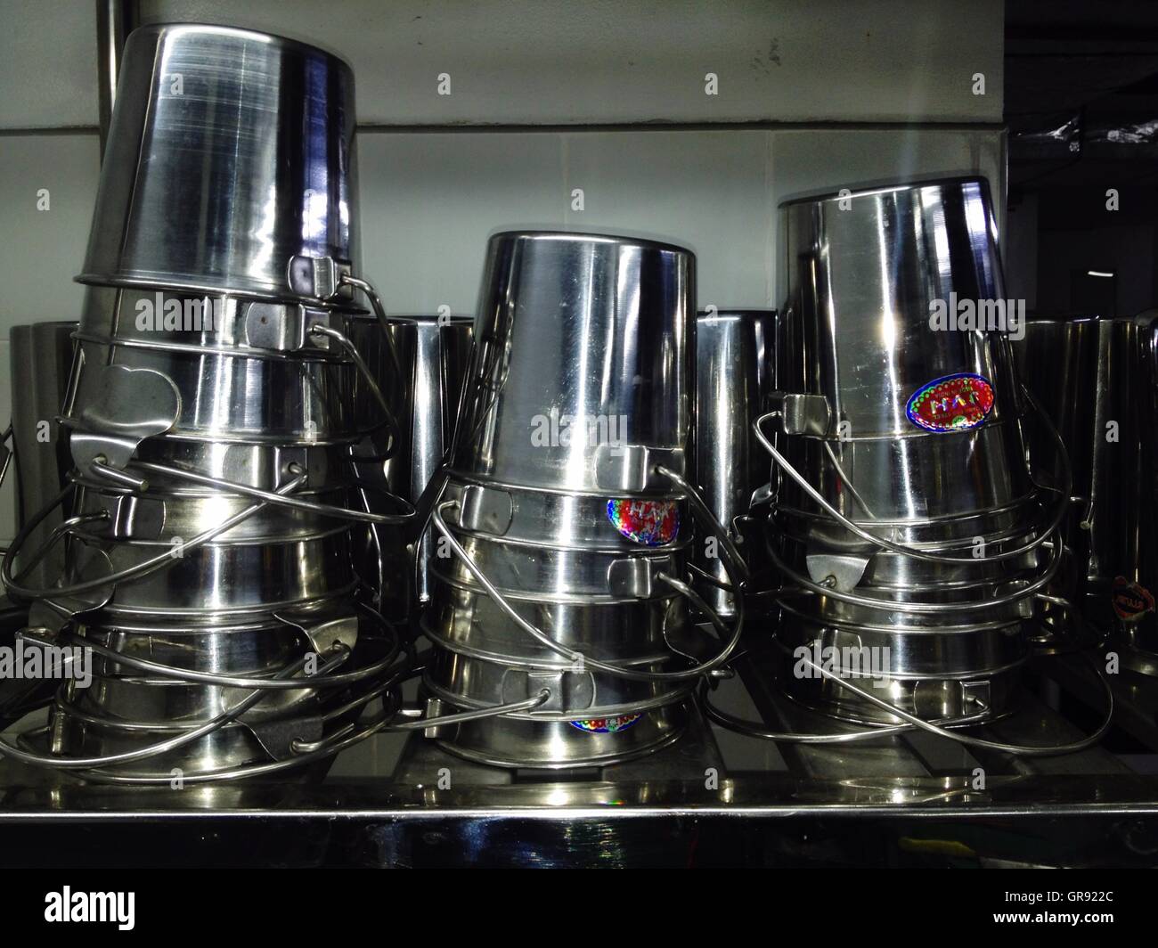 Stack On Metal Buckets In Kitchen Stock Photo - Alamy