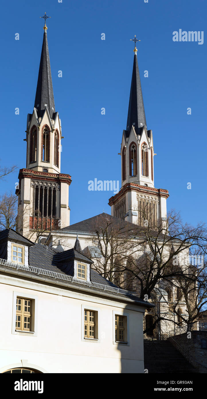 Towers Of St. Jakobi Oelsnitz V. , Saxony, Germany, Europe Stock Photo ...