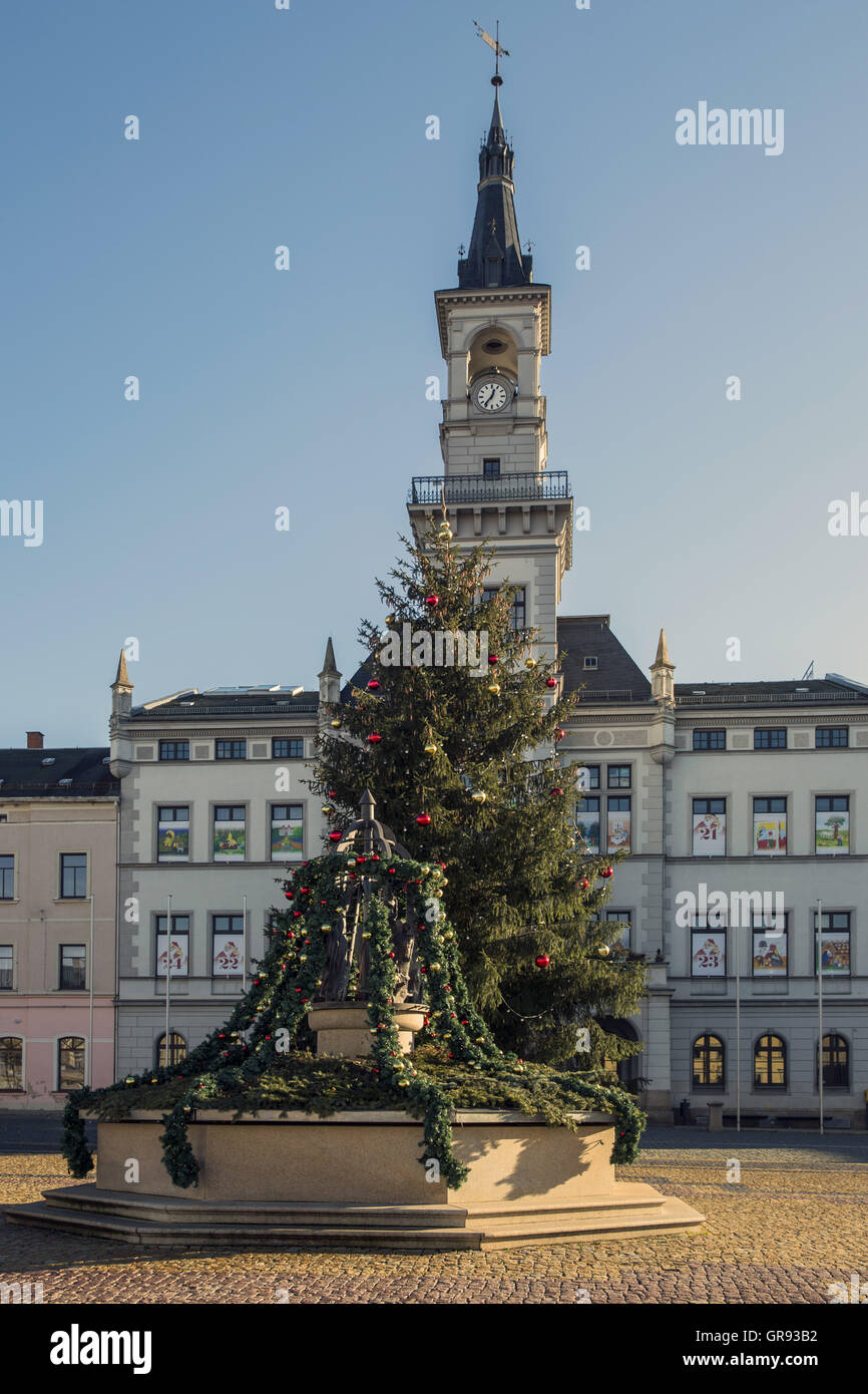 Marketplace Of Oelsnitz With City Hall And Christmas During Advent ...