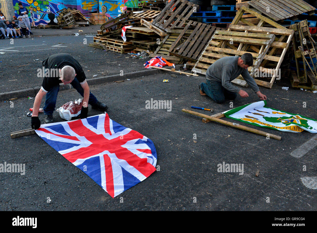 Union Jack flag being prepared for a bonfire in Derry’s Bogside ...