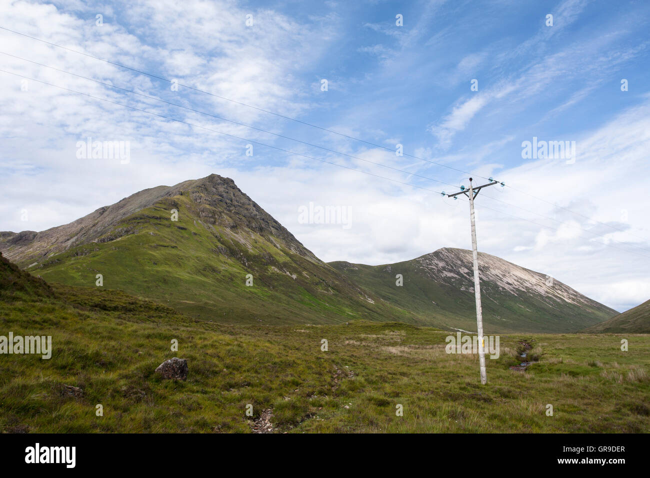 Telegraph pole and cables with Belig and Glas Bheinn Mhor behind ...