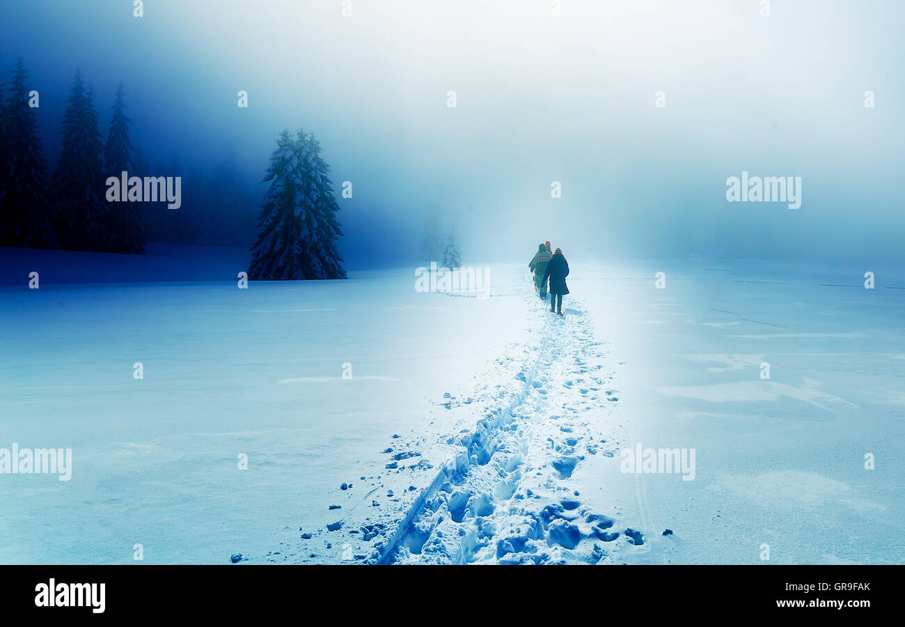 People alone in Winter blizard. Beautiful mountain snowy landscape ...