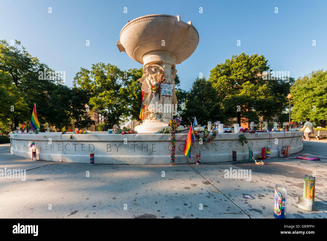 Washington, DC. Pride flags, candles and lanterns cover Dupont Circle ...