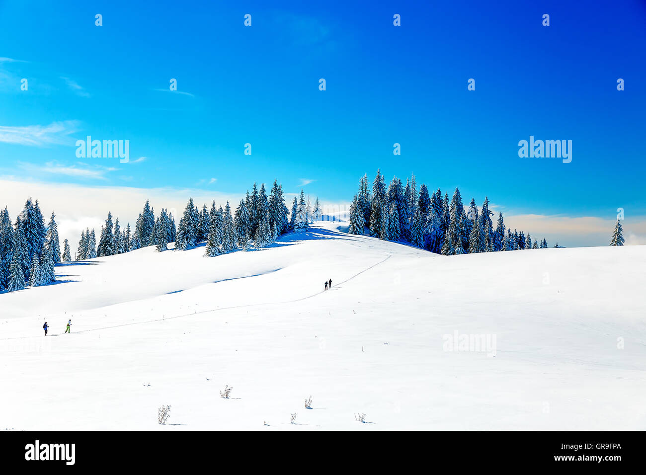 Beautiful mountain landscape and snowy paths in the snow with tourists ...