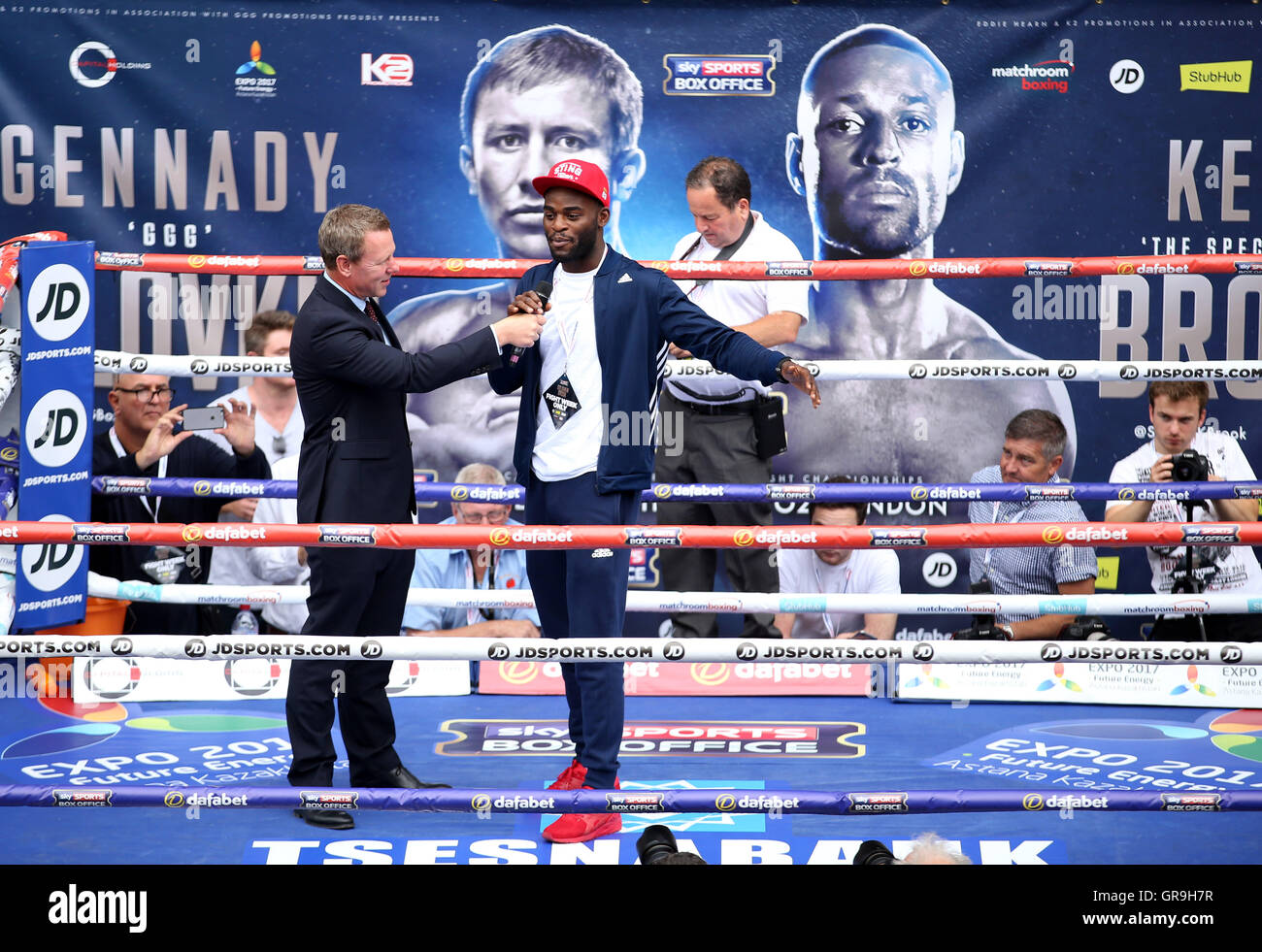 Team GB boxer Joshua Buatsi is interviewed during the workout at Covent ...