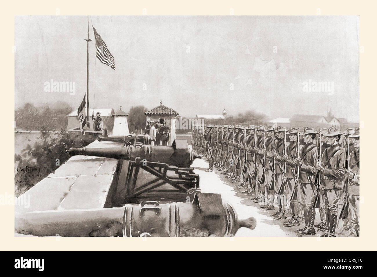 Raising the American flag over Fort Santiago, Manila, on the evening of ...
